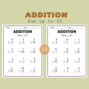 15 Addition Math Worksheets, Sum up to 20, Printable - Etsy