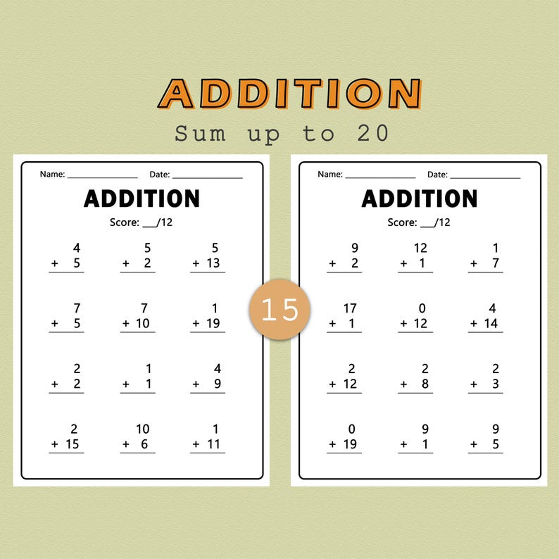 15 Addition Math Worksheets, Sum up to 20, Printable - Etsy