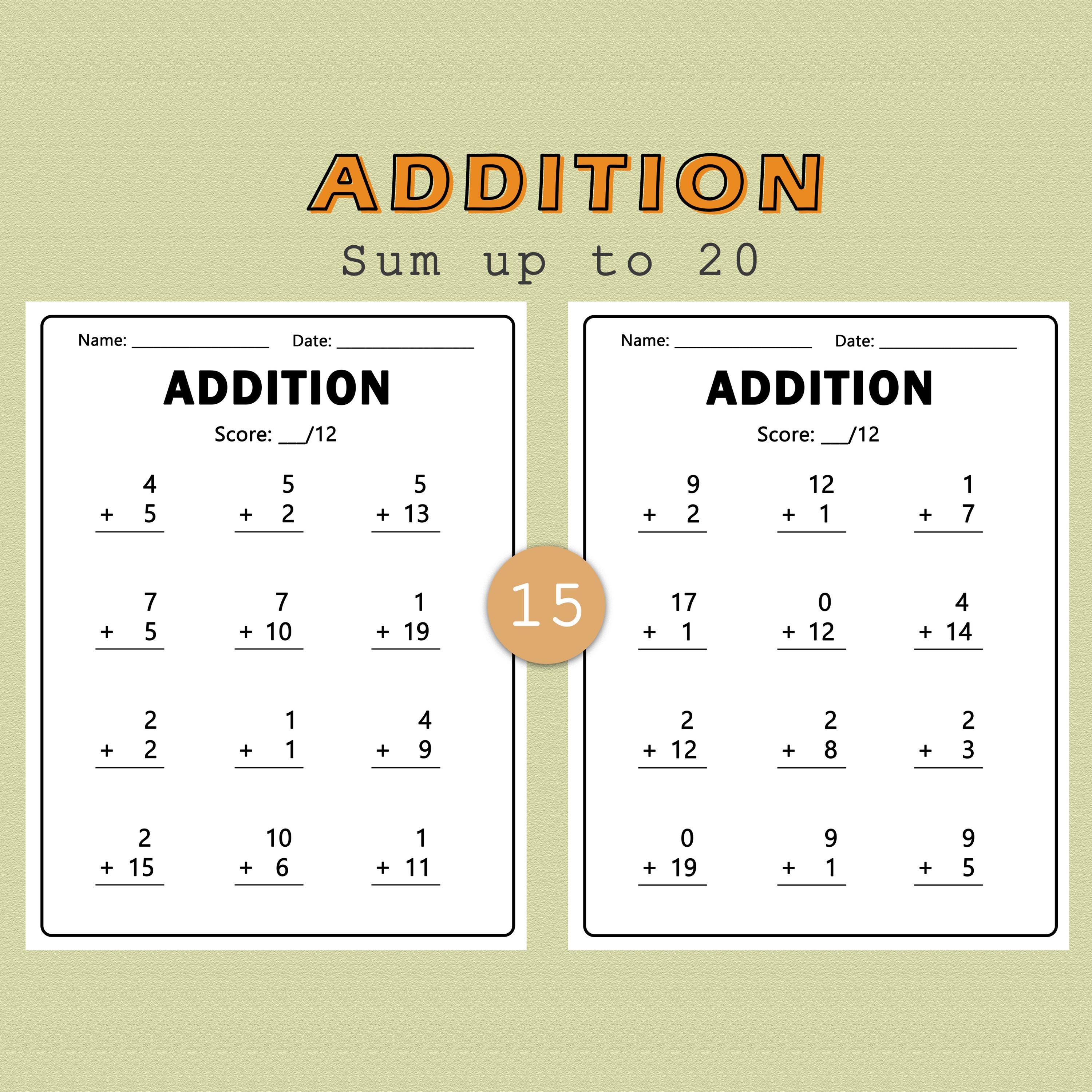 15 Addition Math Worksheets, Sum up to 20, Printable - Etsy