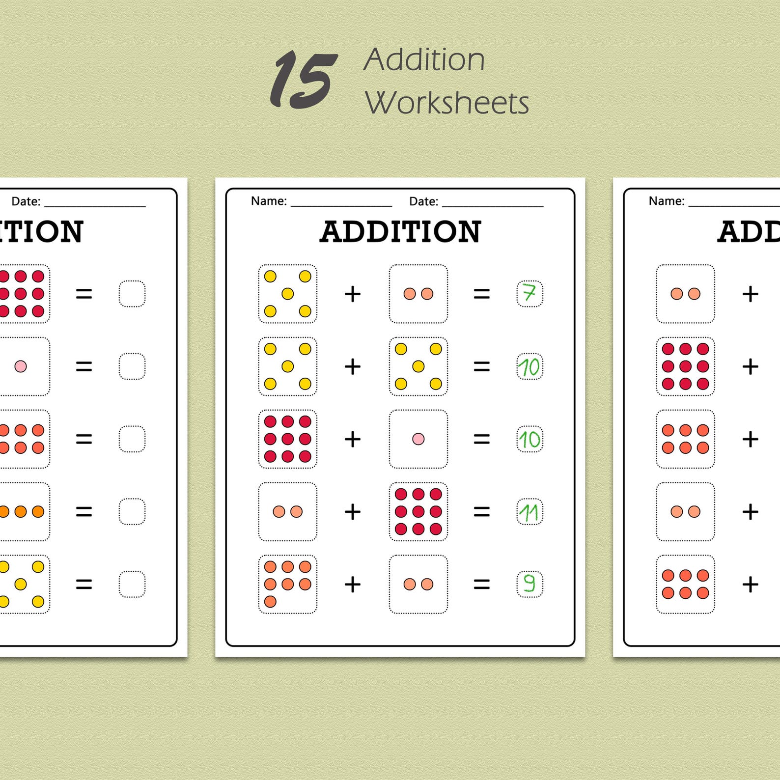 Addition With Dots Math Worksheets: Numbers 1-9 (PDF Printable) - Etsy