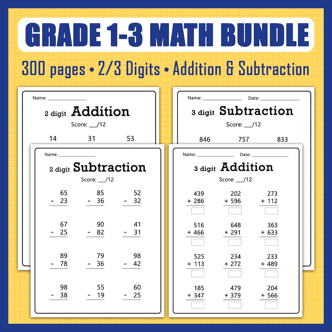 Grade 1-3 Math Worksheets | 2 & 3 Digit Addition, Subtraction (PDF) - Etsy
