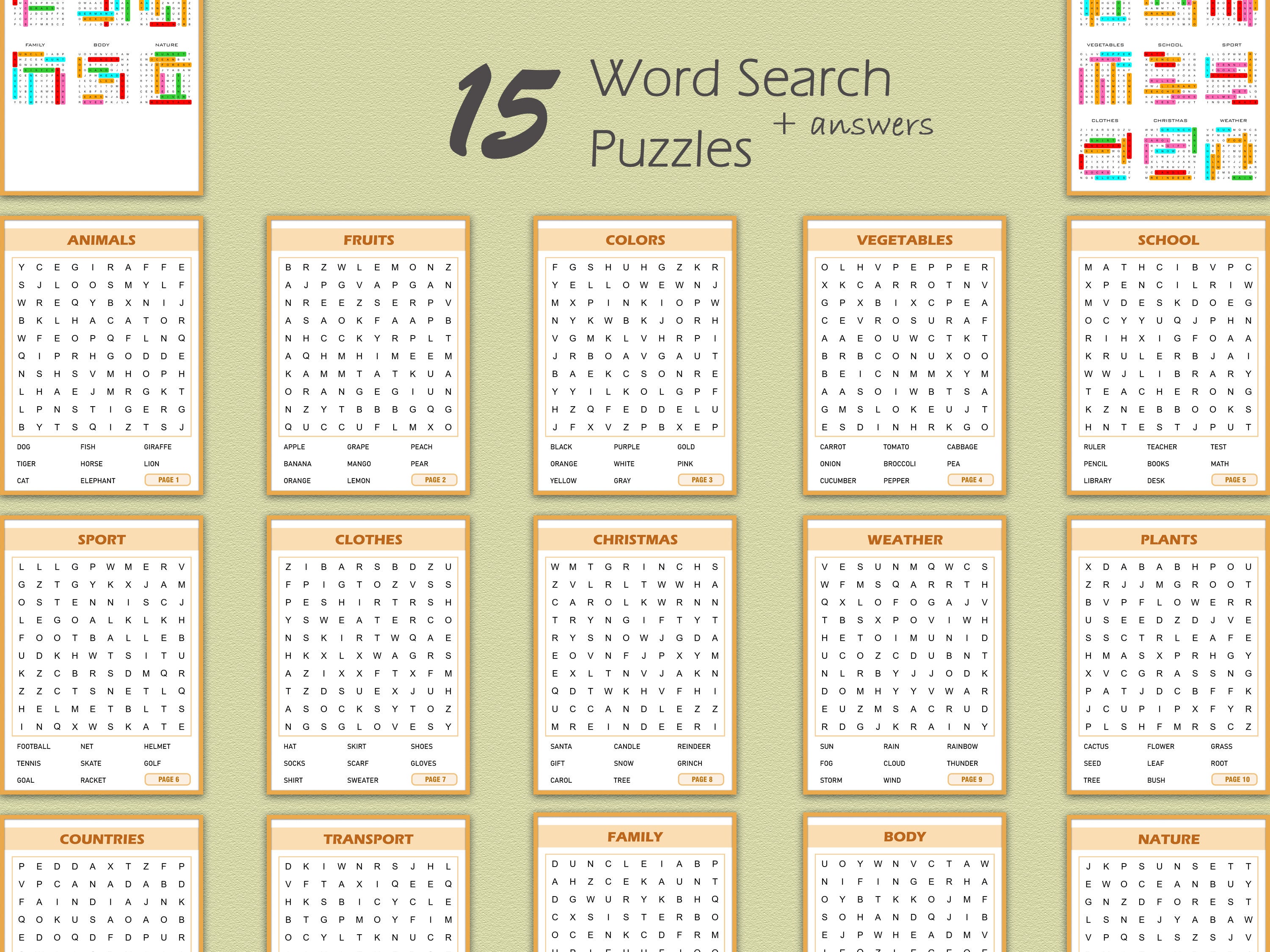 Word Search Puzzles 15 Topics 120 Words for Kids - Etsy