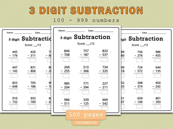 Three Digit Subtraction Math Sheet