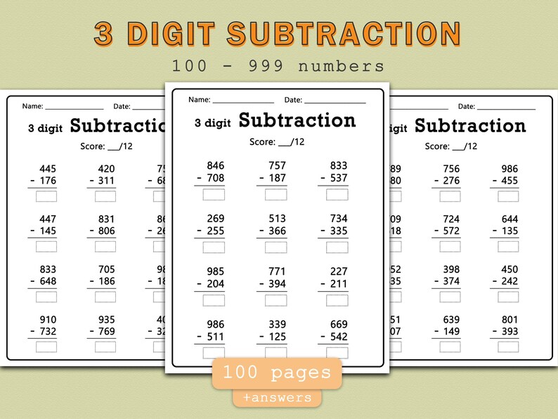 100 Three Digit Subtraction Worksheets Printable Math Worksheets, 100 ...