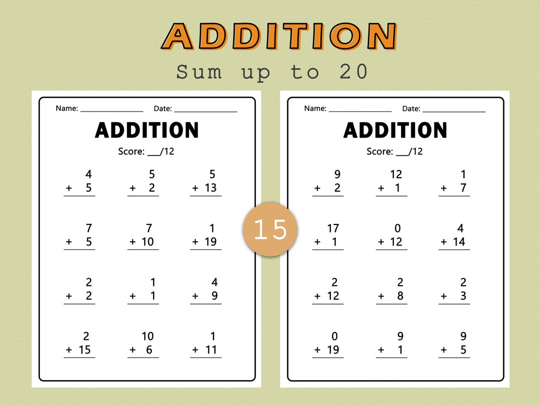 15 Addition Math Worksheets, Sum up to 20, Printable - Etsy