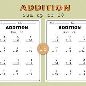 15 Addition Math Worksheets, Sum up to 20, Printable - Etsy