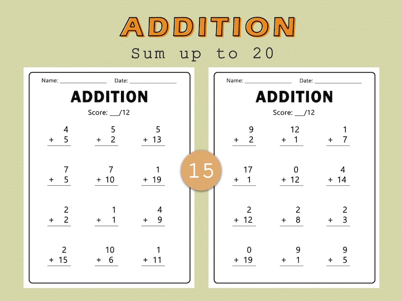 15 Addition Math Worksheets, Sum up to 20, Printable - Etsy