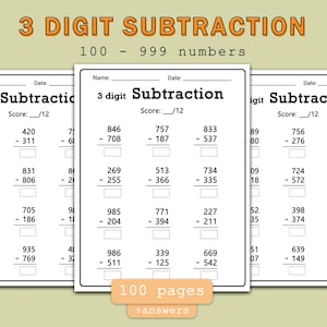 100 Three Digit Subtraction Worksheets | Printable Math Worksheets, 100 ...