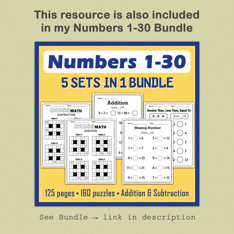 Cross Math Puzzles | Subtraction Numbers 1-30 | Printable Math ...