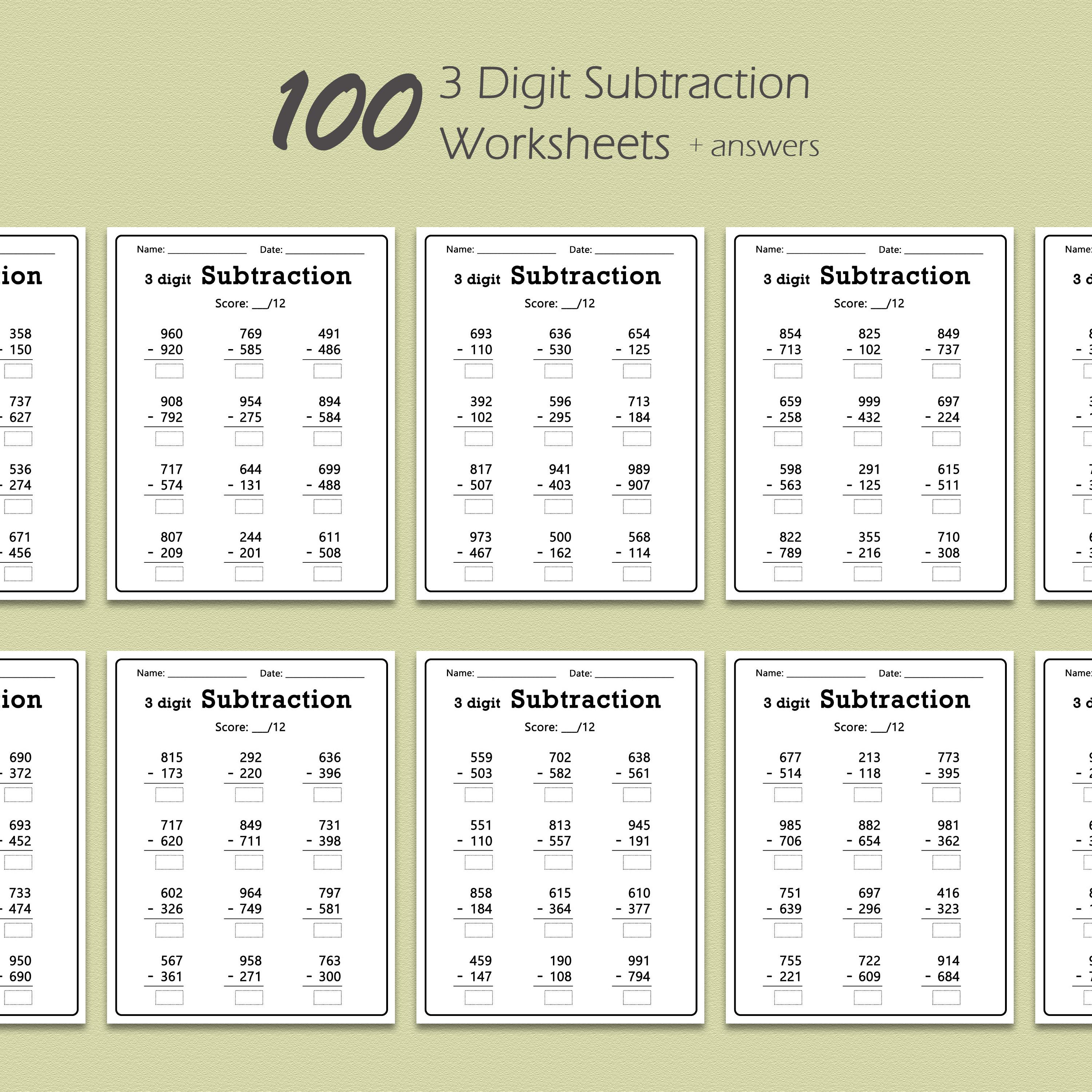 100 Three Digit Subtraction Worksheets | Printable Math Worksheets, 100 ...