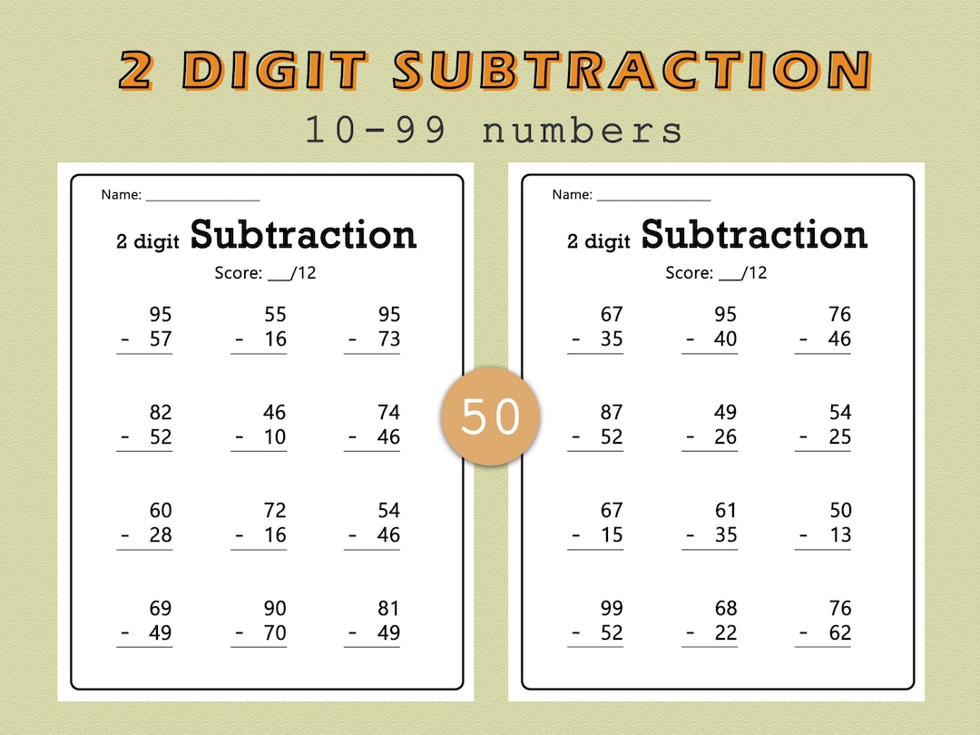50 Two Digit Subtraction Worksheets, 10-99 Numbers, Printable Math ...