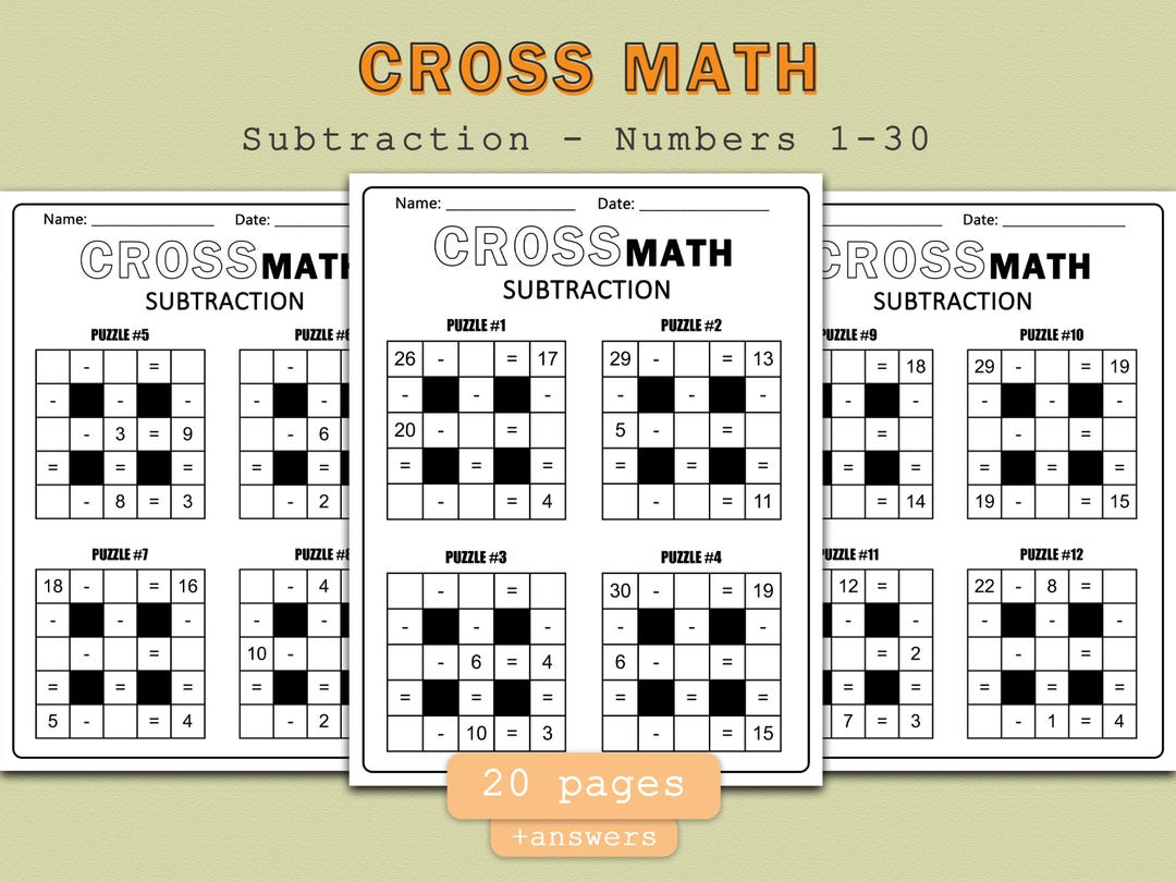 Cross Math Puzzles | Subtraction Numbers 1-30 | Printable Math ...