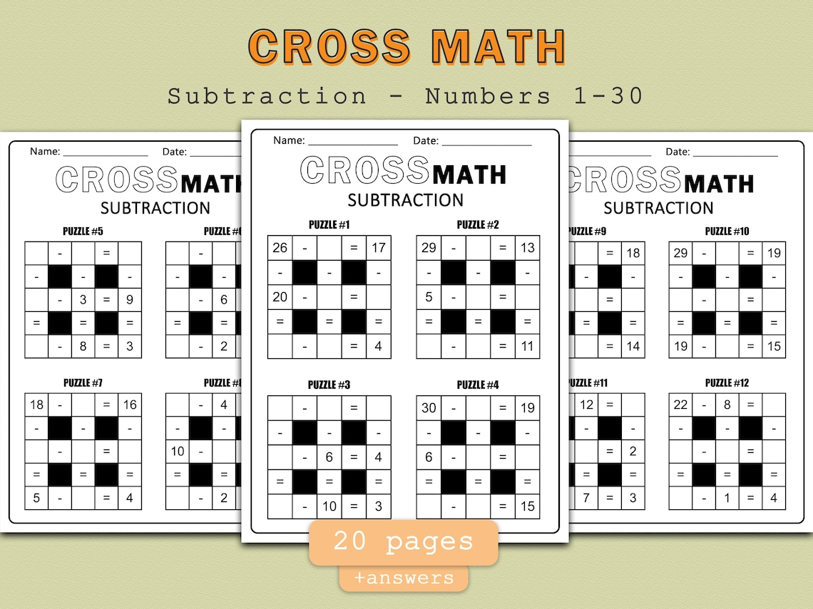 Cross Math Puzzles | Subtraction Numbers 1-30 | Printable Math ...