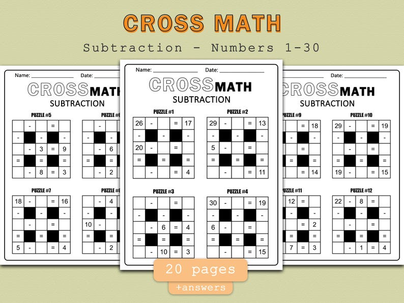 Cross Math Puzzles | Subtraction Numbers 1-30 | Printable Math ...