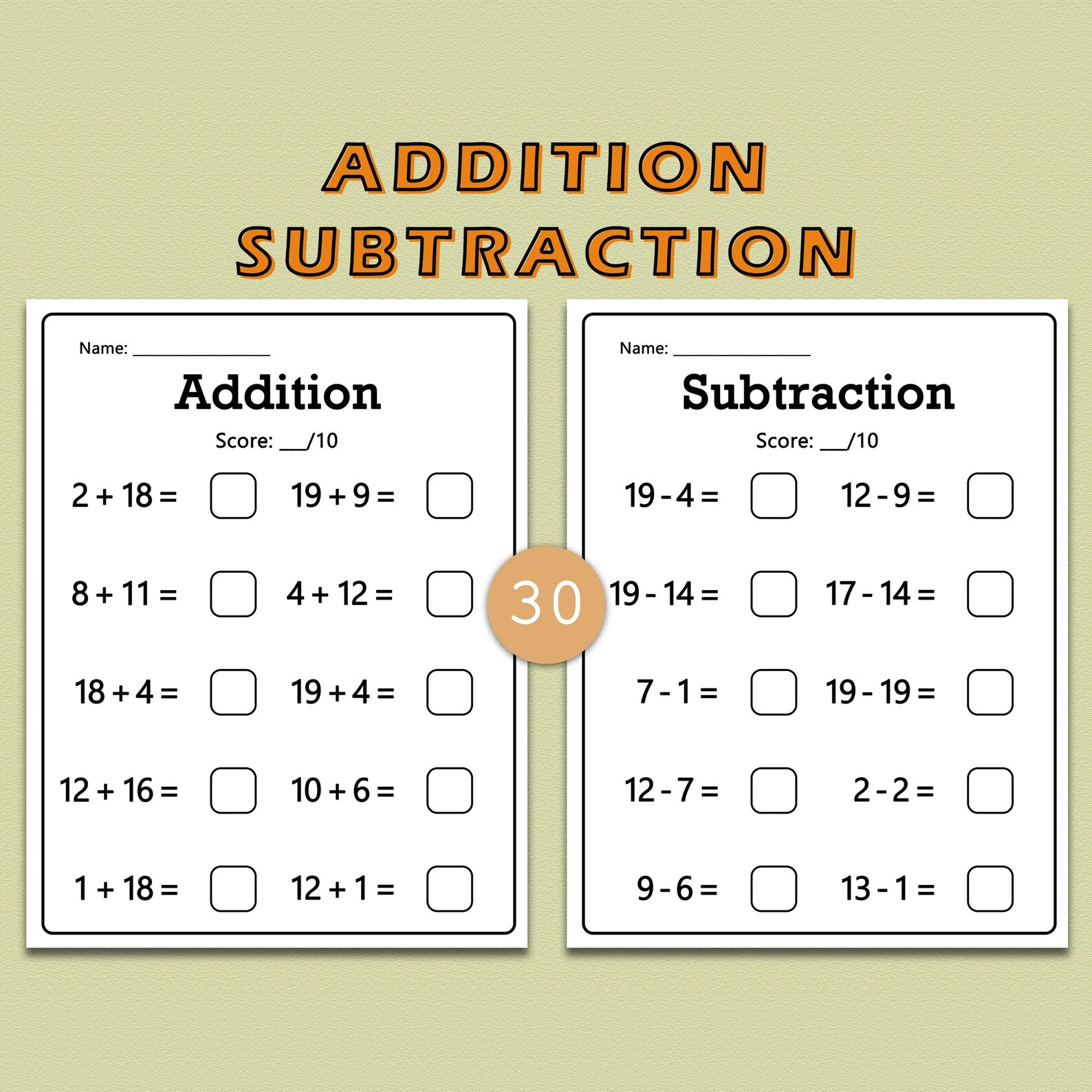 Addition & Subtraction Math Worksheets 1-20 Numbers - Etsy