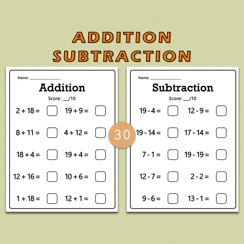 Addition & Subtraction Math Worksheets 1-20 Numbers - Etsy