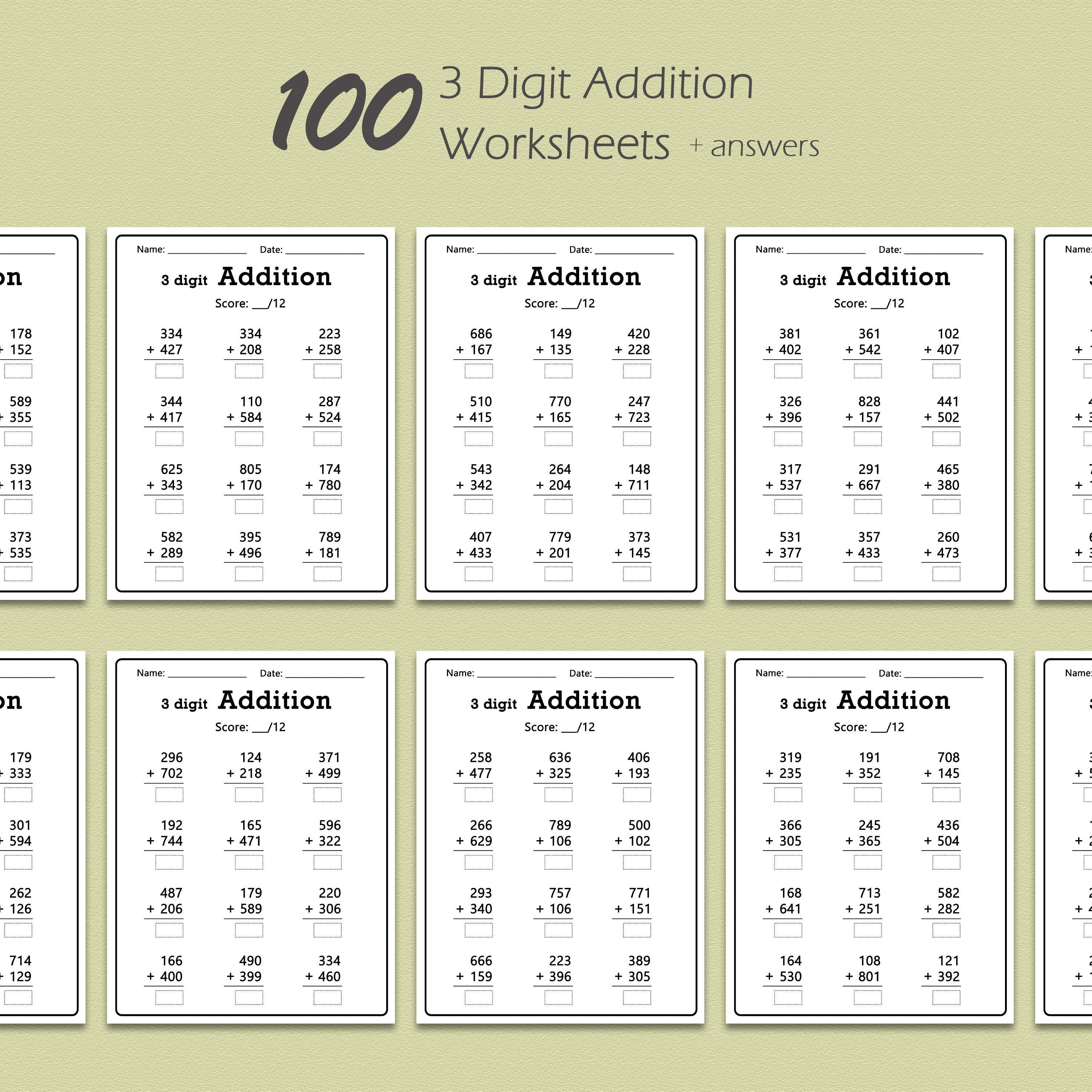 100 Three Digit Addition Worksheets | Printable Math Worksheets, 100 ...