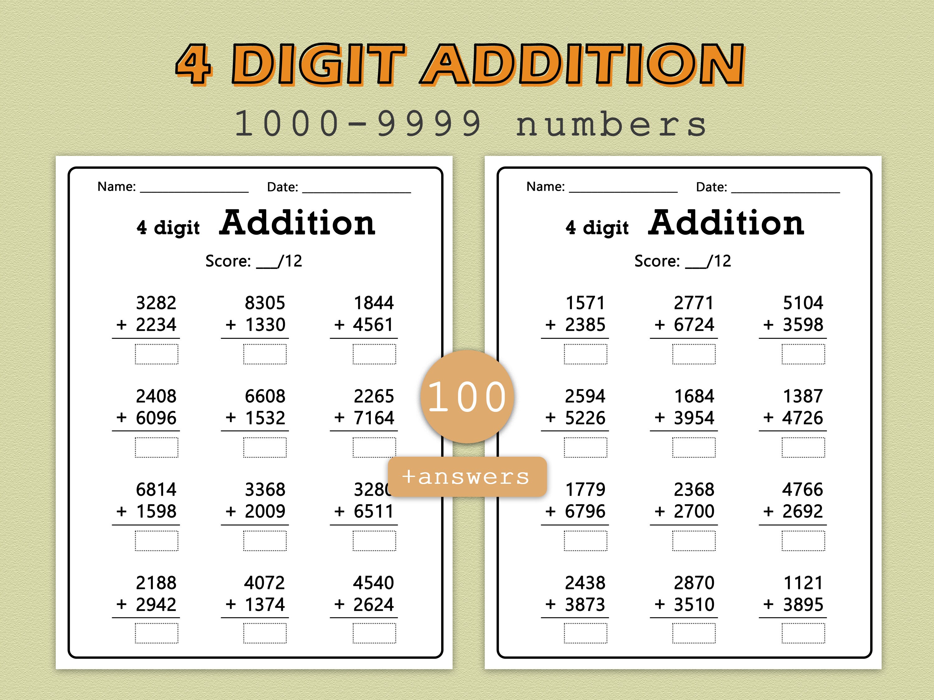 100 Four Digit Addition Worksheets, 1000-9999 Numbers, Printable Math ...