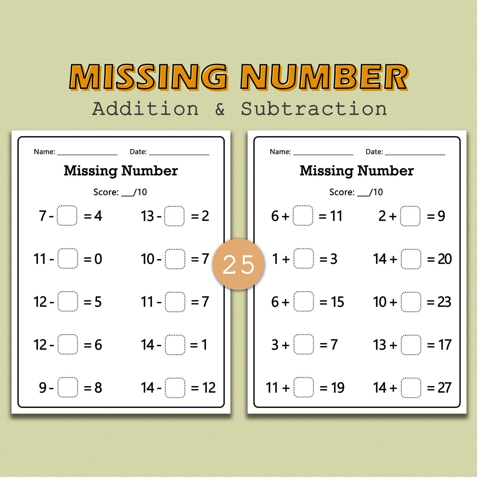 Missing Number Math Worksheets: Addition & Subtraction (PDF Printable ...