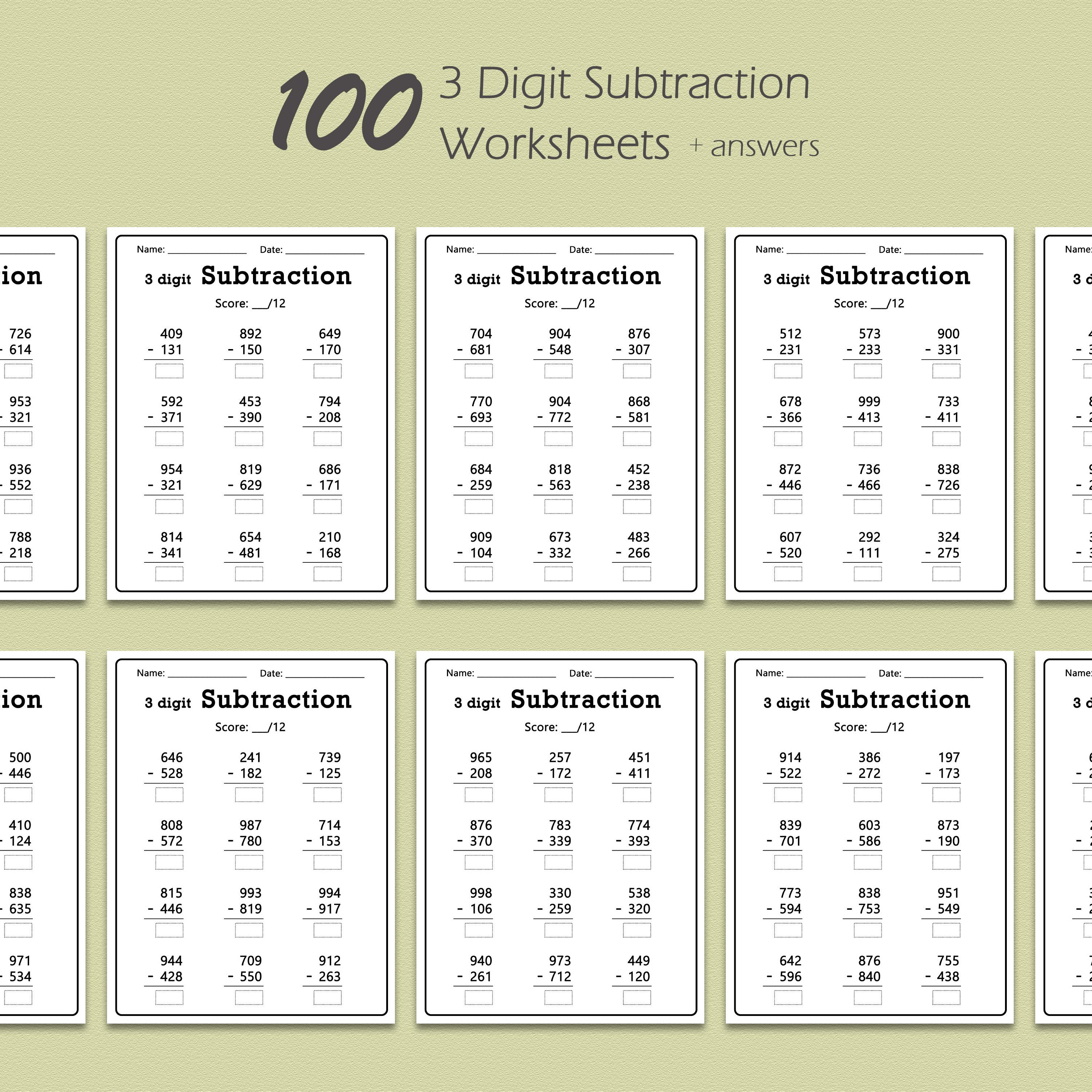 100 Three Digit Subtraction Worksheets | Printable Math Worksheets, 100 ...