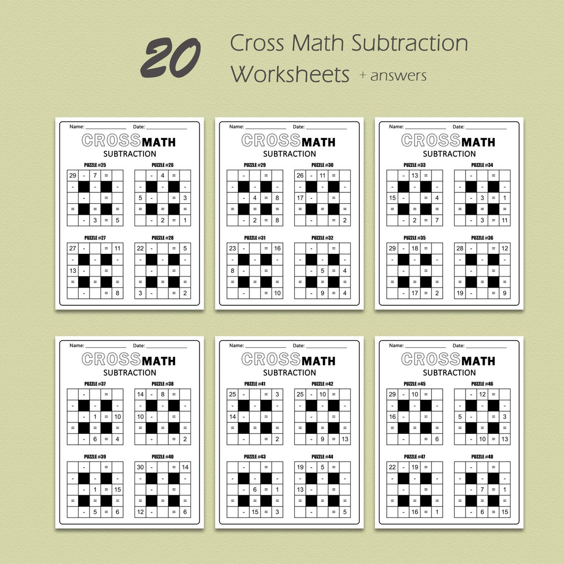 Cross Math Puzzles | Subtraction Numbers 1-30 | Printable Math ...