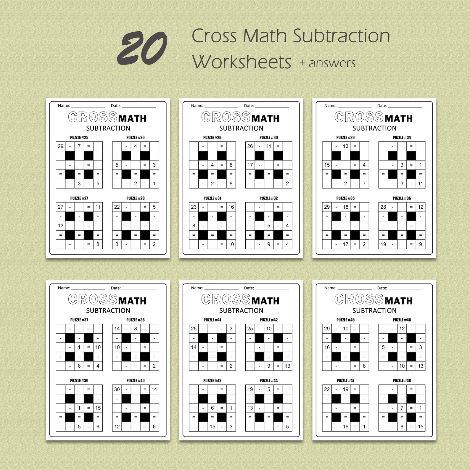 Cross Math Puzzles | Subtraction Numbers 1-30 | Printable Math ...