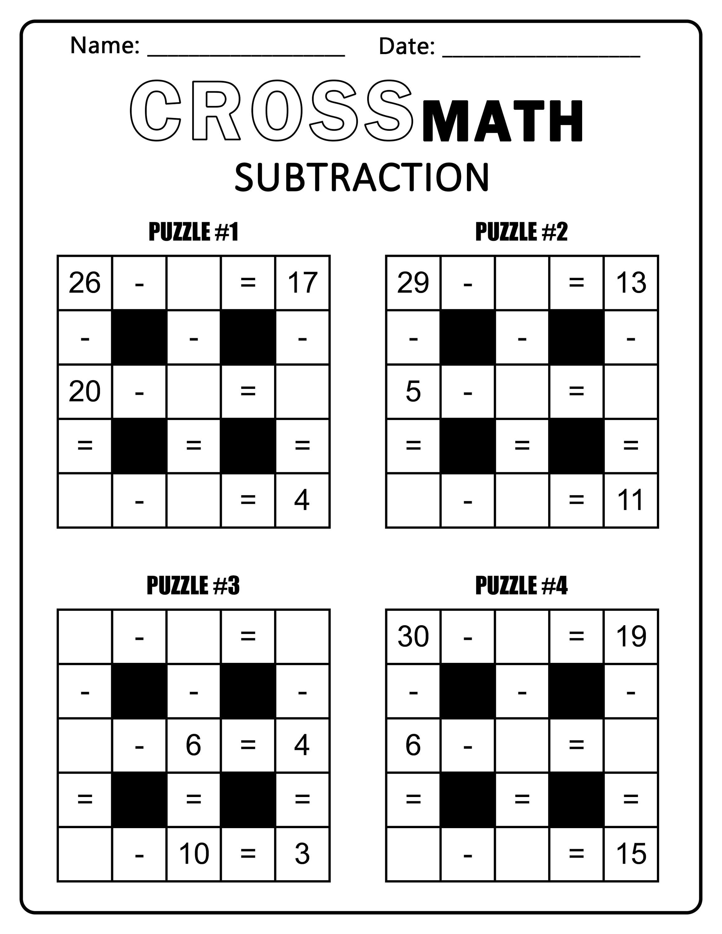 Cross Math Puzzles | Subtraction Numbers 1-30 | Printable Math ...