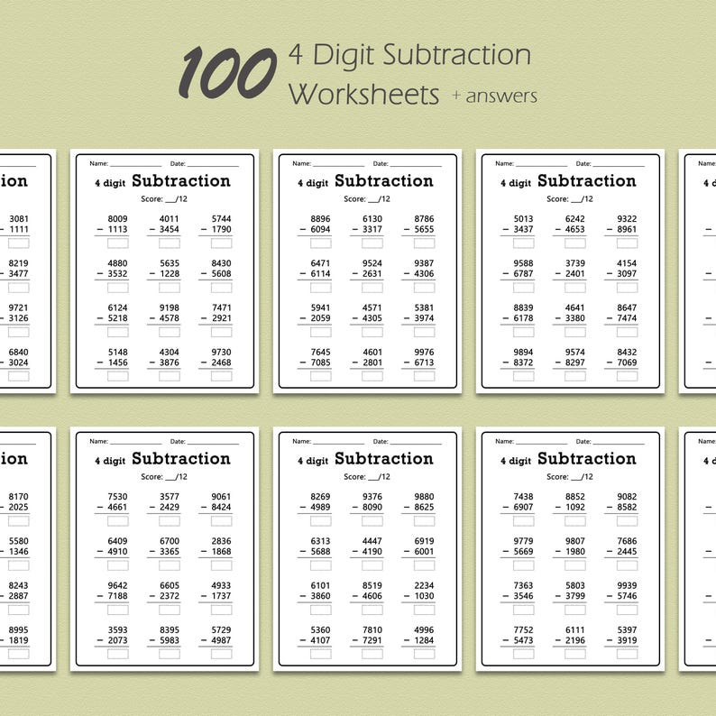 Buy 100 Four Digit Subtraction Worksheets | Printable Math Worksheets ...
