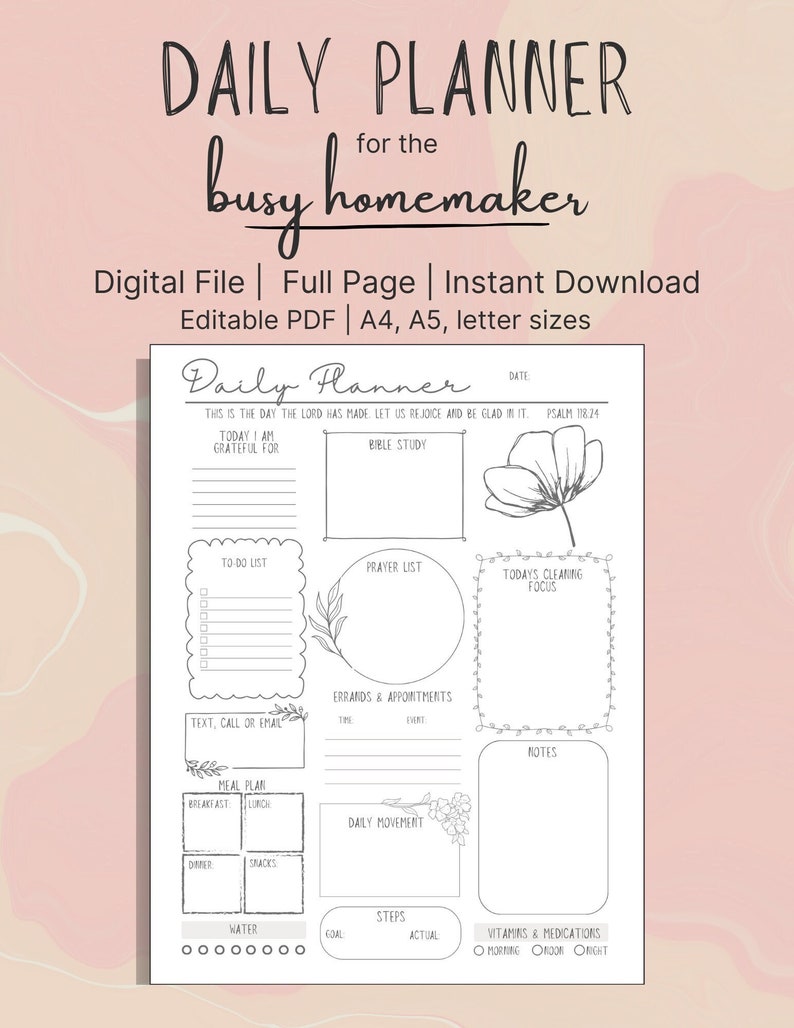 PRINTABLE Daily Planner for the Busy Homemaker, With Bible Study, To-do ...