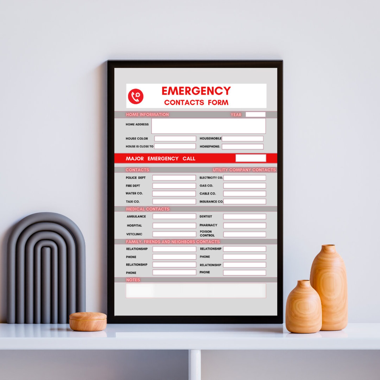 EMERGENCY CONTACTS FORM, Editable/printable Template - Etsy