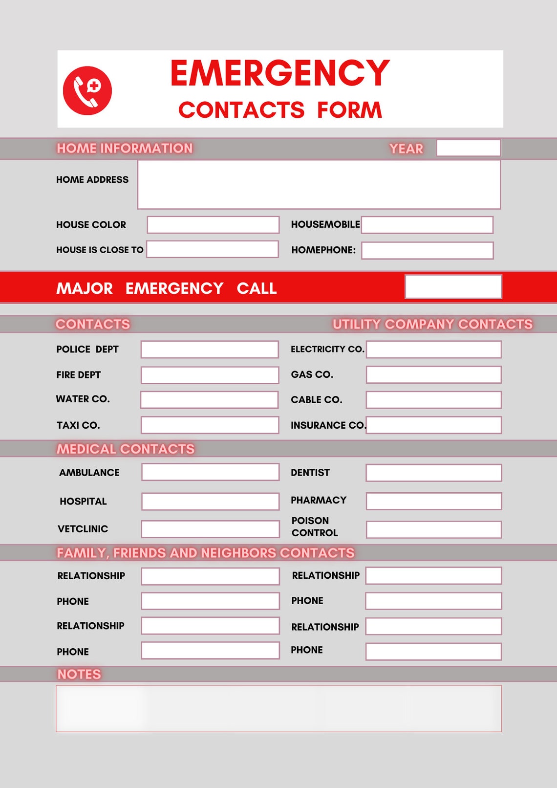 EMERGENCY CONTACTS FORM, Editable/printable Template - Etsy