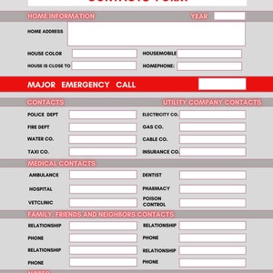 EMERGENCY CONTACTS FORM, Editable/printable Template - Etsy