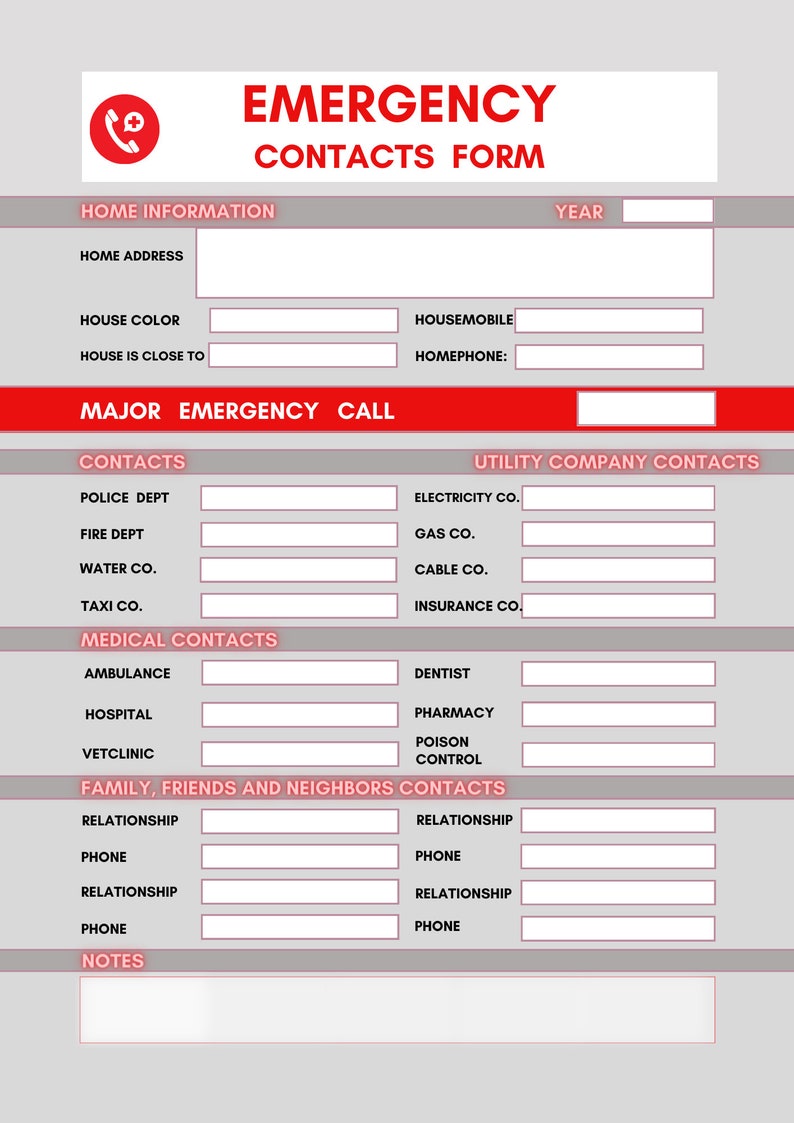 EMERGENCY CONTACTS FORM, Editable/printable Template - Etsy