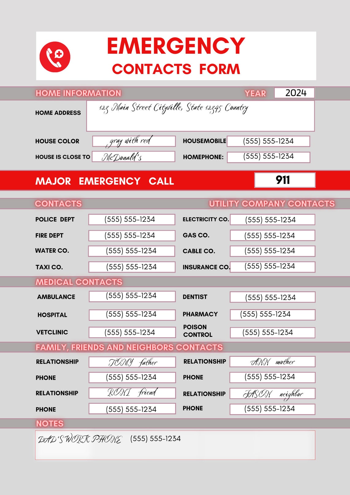 EMERGENCY CONTACTS FORM, Editable/printable Template - Etsy