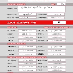 EMERGENCY CONTACTS FORM, Editable/printable Template - Etsy