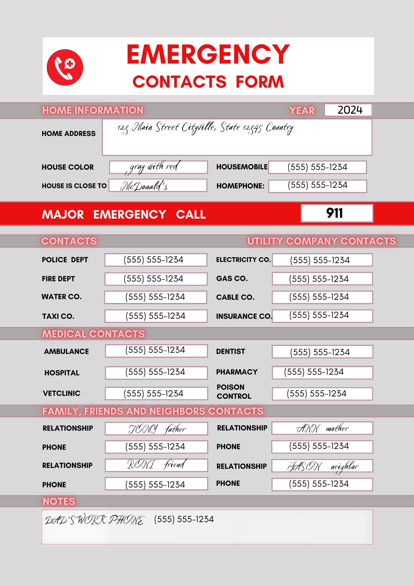 EMERGENCY CONTACTS FORM, Editable/printable Template - Etsy