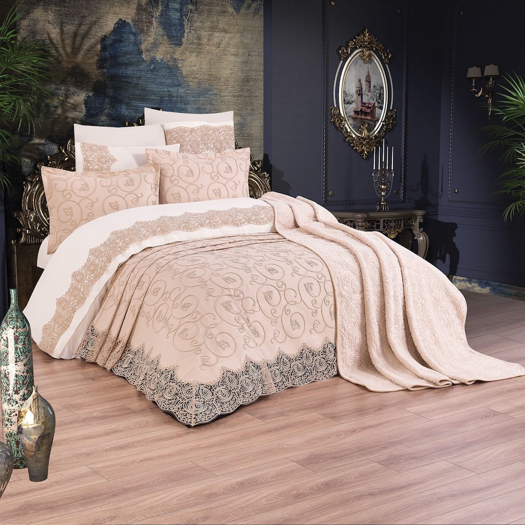 10 Pcs Dowry Set, Pique Set, Cotton Soft Bedspread, Linen Duvet Cover ...