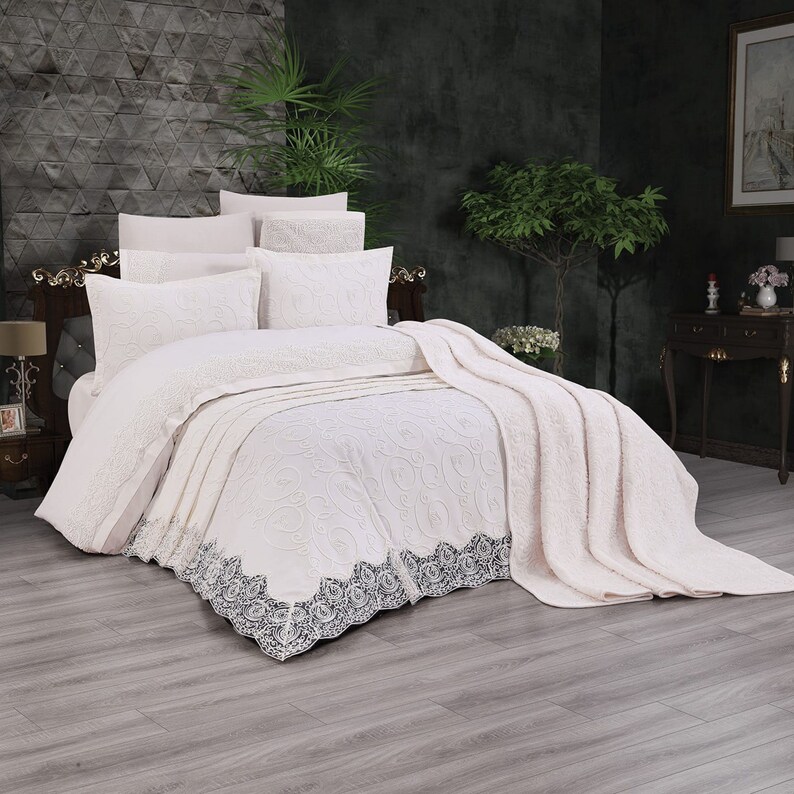 10 Pcs Dowry Set, Pique Set, Cotton Soft Bedspread, Linen Duvet Cover ...