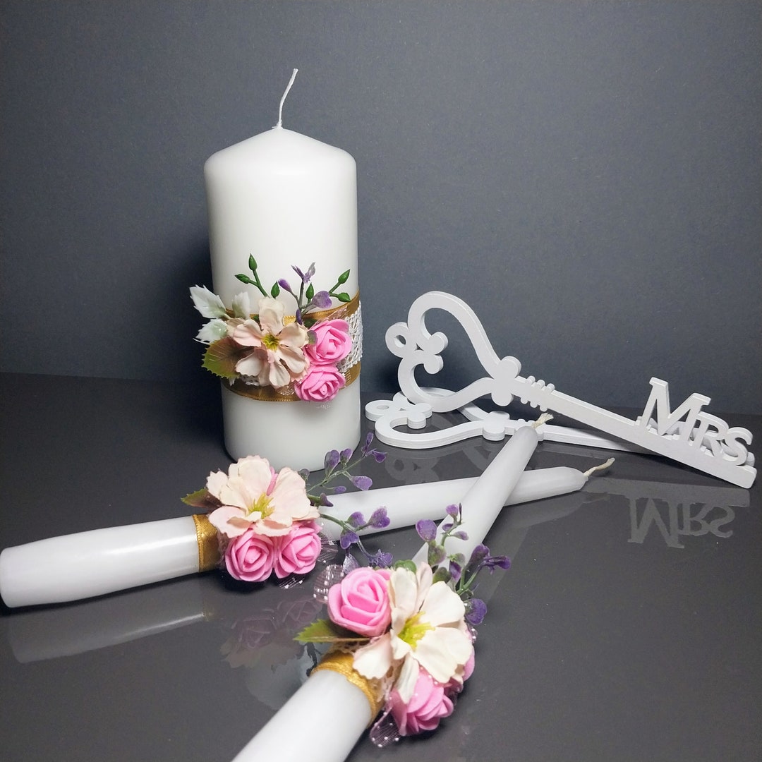 Personalized Wedding Candles With Flower Arrangement – Handmade Wedding ...