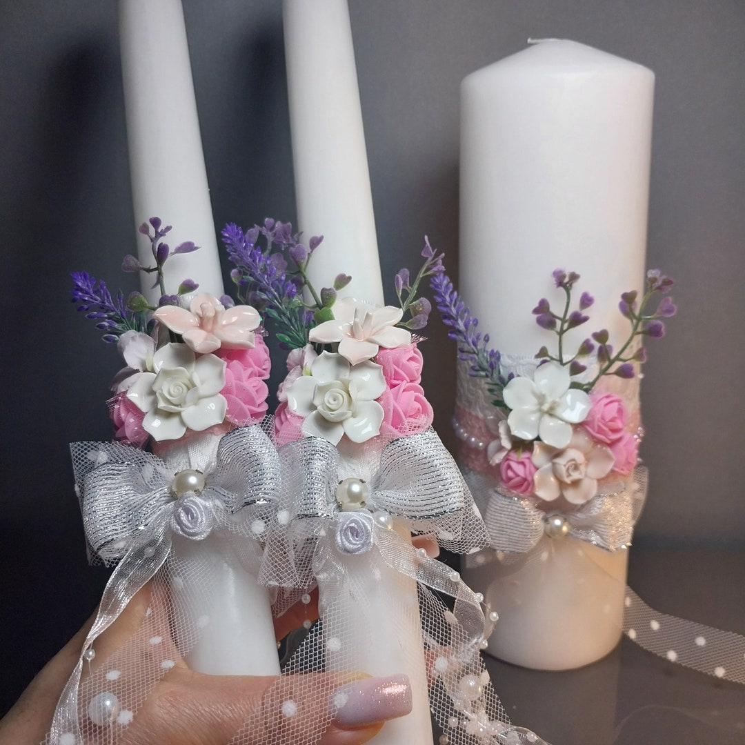 Personalized Wedding Candles With Flower Arrangement – Handmade Wedding ...