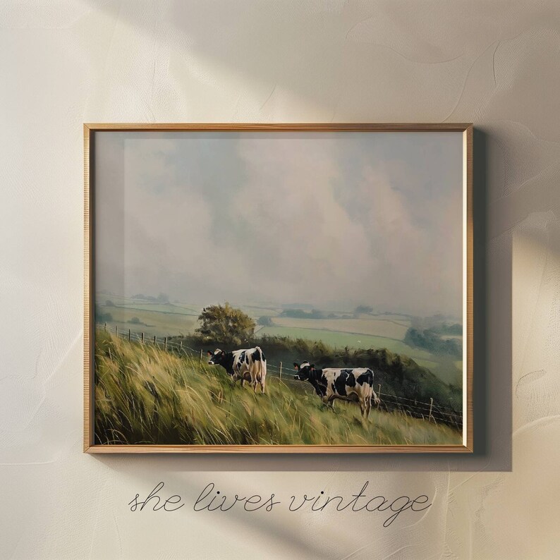 Green Pastures Print Cow Farm Printable Rustic Countryside Painting ...