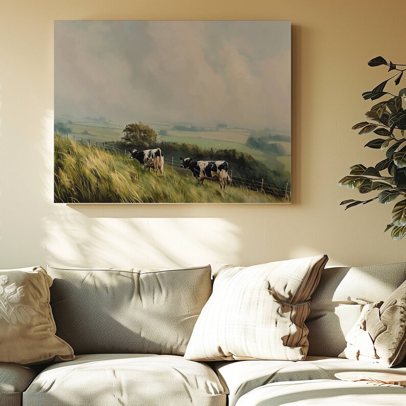 Green Pastures Print Cow Farm Printable Rustic Countryside Painting ...