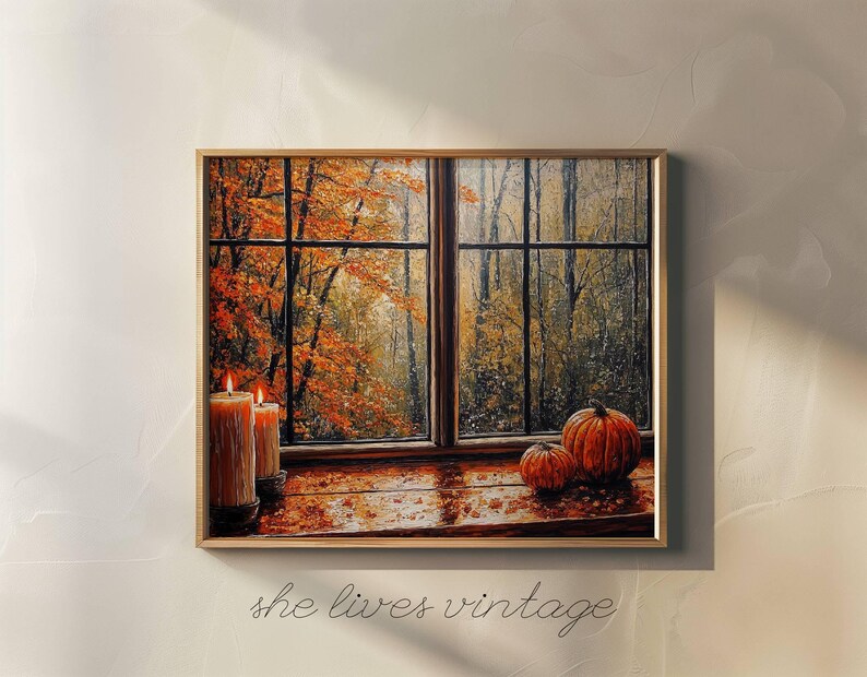 Fall Window Wallart Pumpkin Printable Oil Painting Orange Kitchen ...
