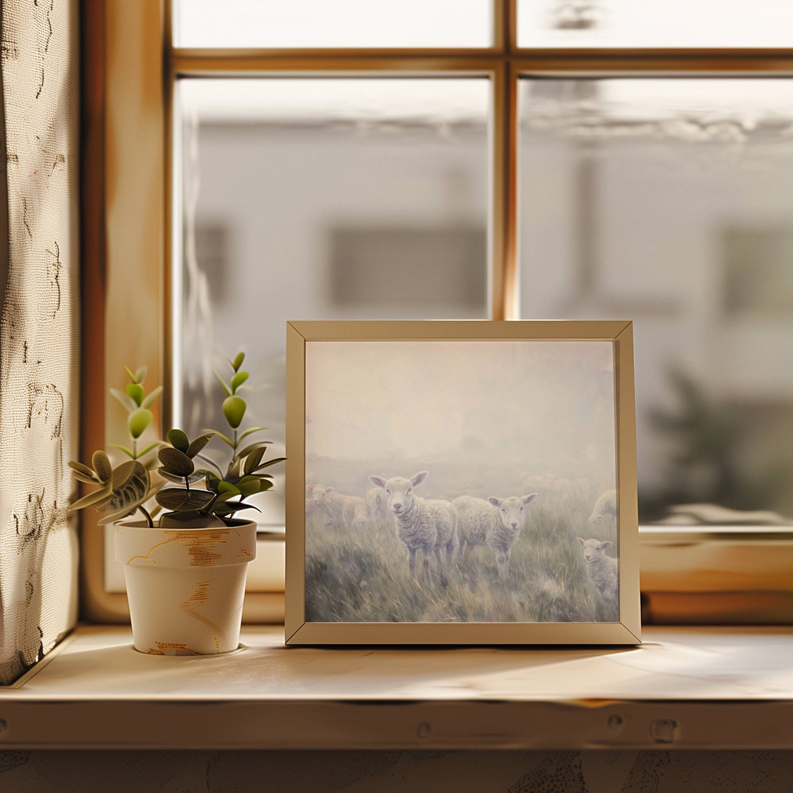 Foggy Countryside Print Rural Sheep Printable Misty Landscape Painting ...