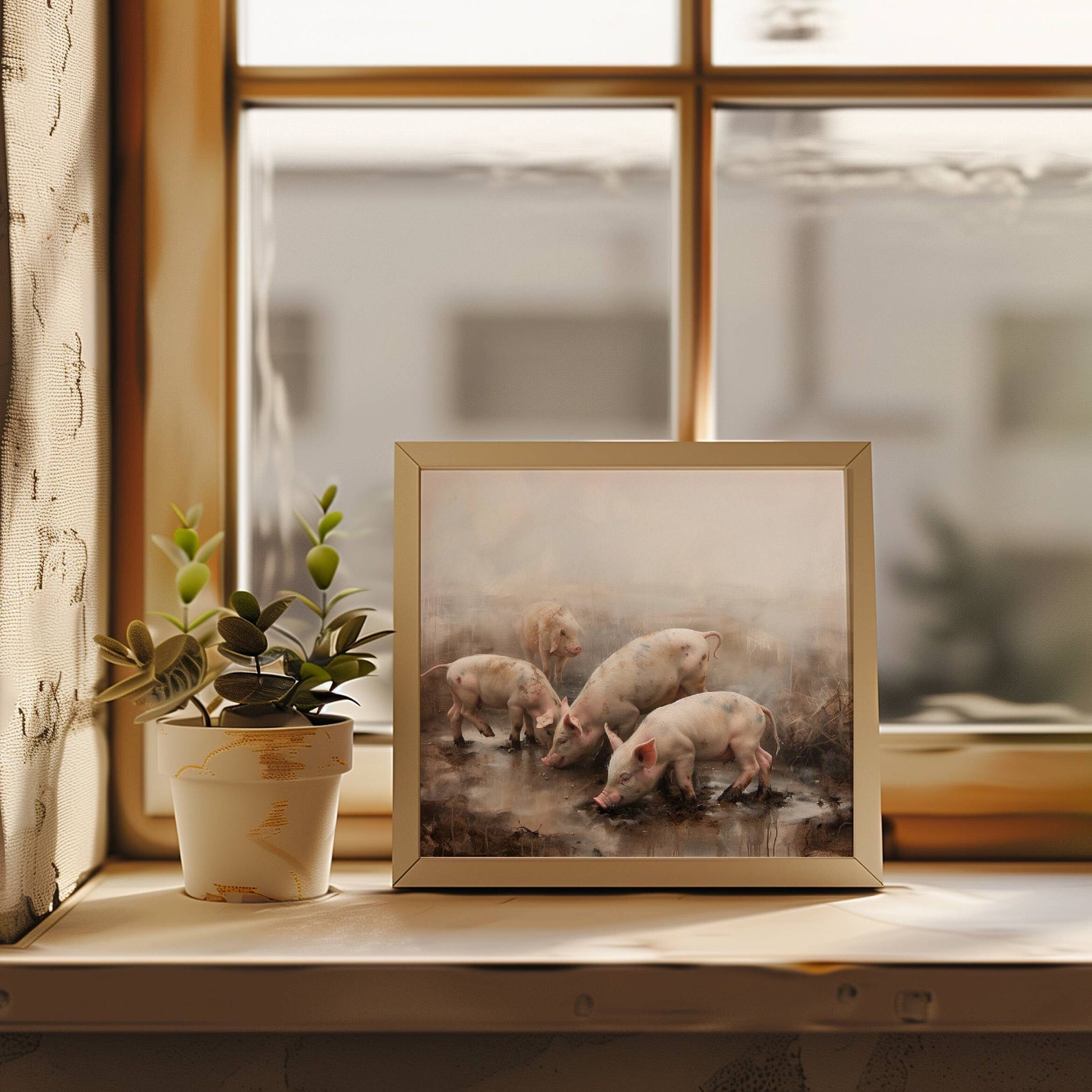 Pig Mud Art White Foggy Painting Brown Farm Printable Pig Whimsical ...