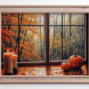 Fall Window Wallart Pumpkin Printable Oil Painting Orange Kitchen ...