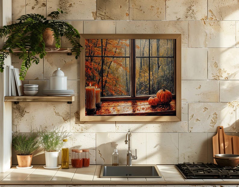 Fall Window Wallart Pumpkin Printable Oil Painting Orange Kitchen ...