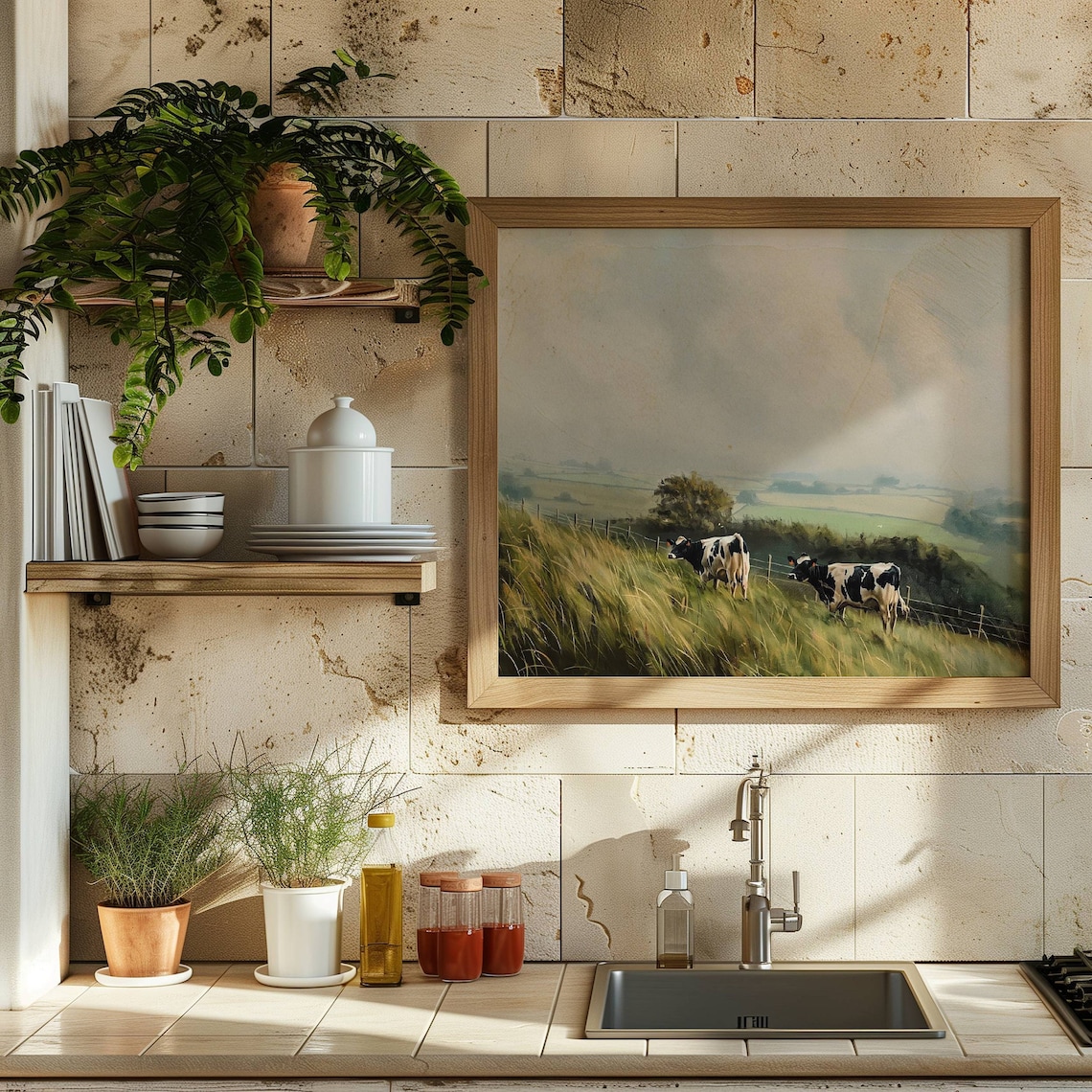 Green Pastures Print Cow Farm Printable Rustic Countryside Painting ...