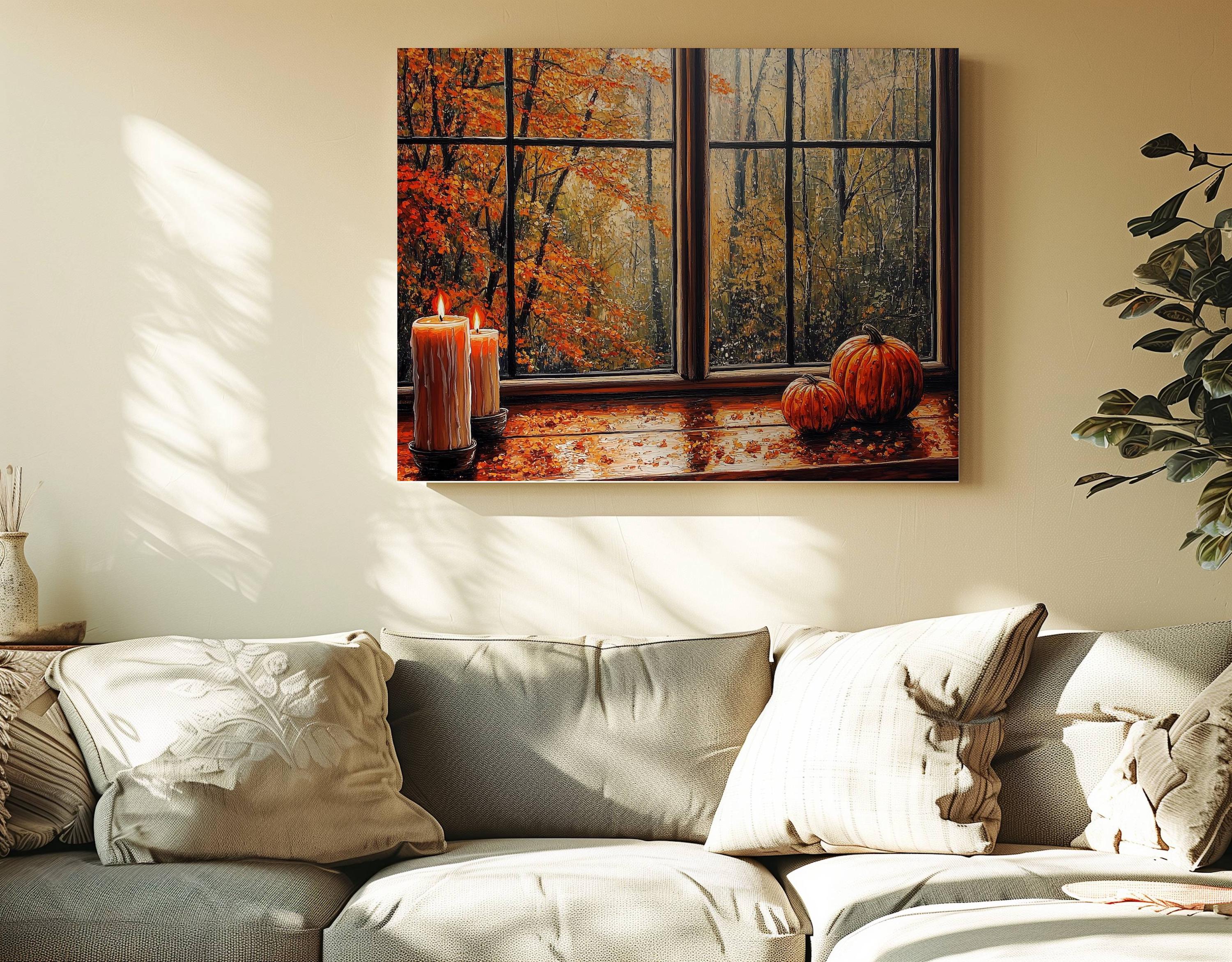 Fall Window Wallart Pumpkin Printable Oil Painting Orange Kitchen ...