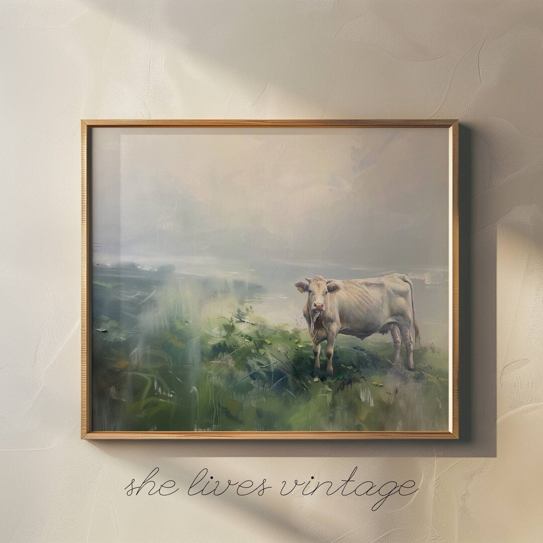 Moody Cow Painting Green Ambiguous Art White Animal Artwork Abstract ...